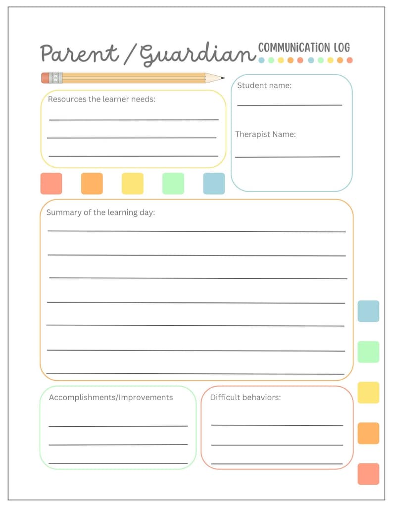 ABA Parent/guardian Communication Log- Applied Behavior Analysis- RBT ...