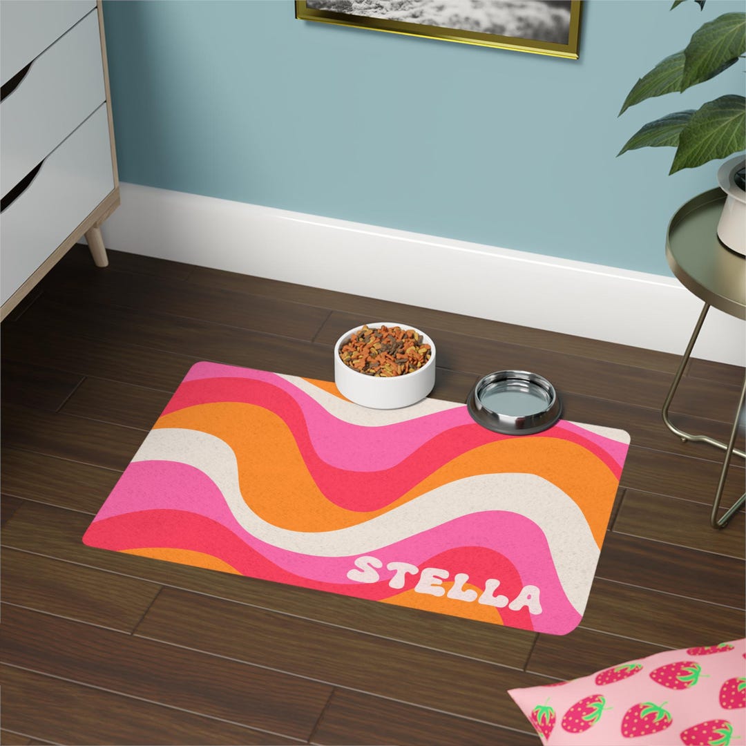 Retro Personalized Pet Food Mat, Custom Pet Name, Pink & Orange Swirl ...