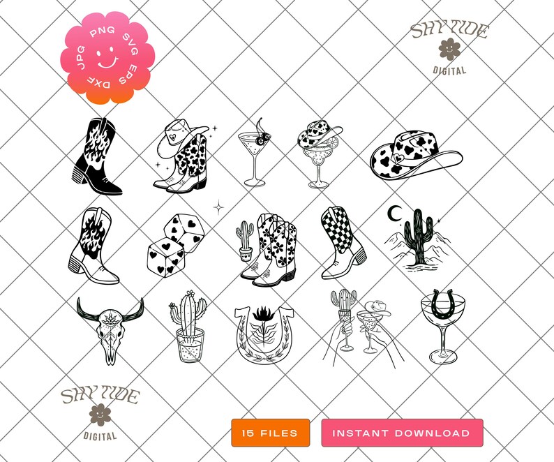 Western SVG Bundle, Cowboy Boot Clipart, Hand Drawn Western PNG ...