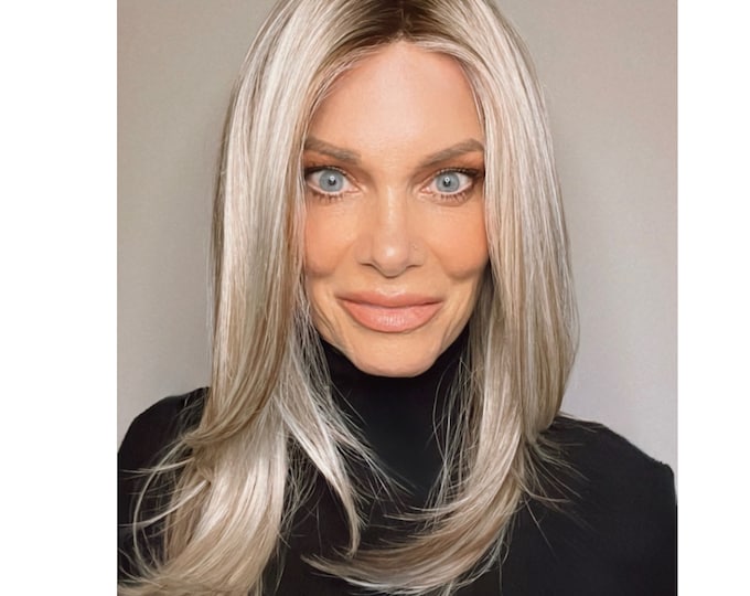 Sutton 18" Long Straight Layered Synthetic Wig Blonde Rooted Mono Cap ...