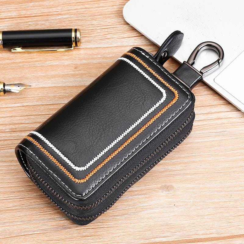 Leather Double Zipper Key Case, Durable Car Keychain Case With Hook ...
