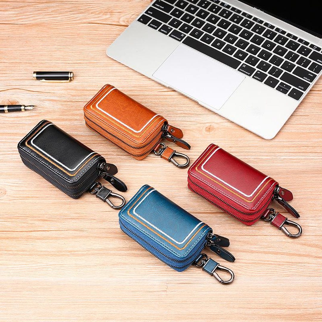 Leather Double Zipper Key Case, Durable Car Keychain Case With Hook ...