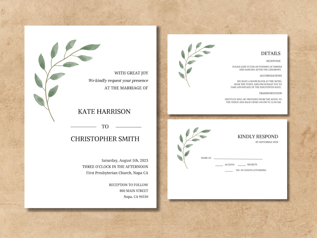 Leaf Wedding Invitation Template Set, Instant Download, Editable Using ...