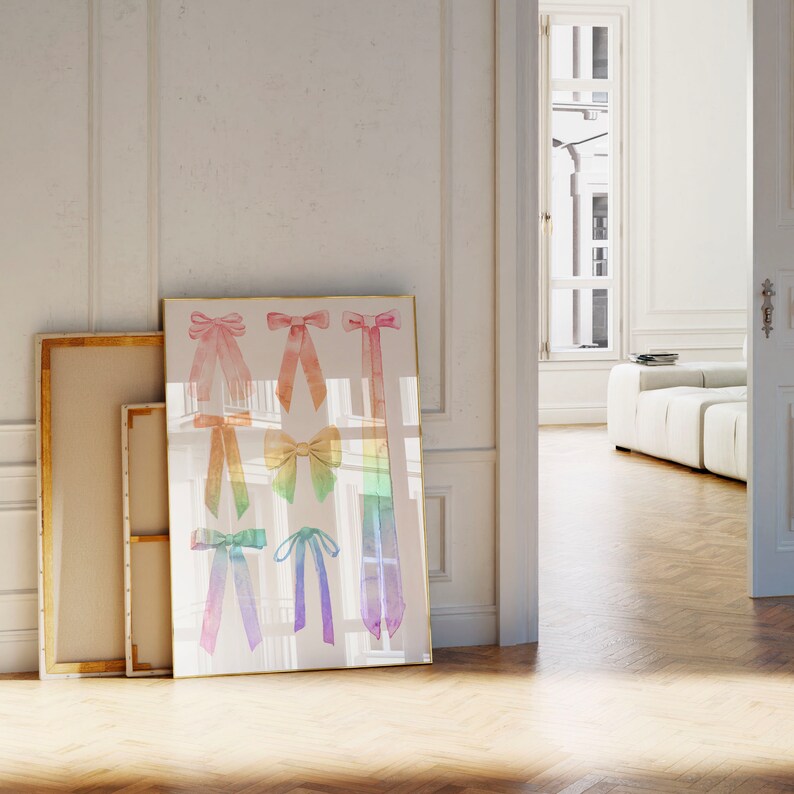 Cute Coquette Room Decor, Rainbow Watercolor Bow Art Print, Pretty ...