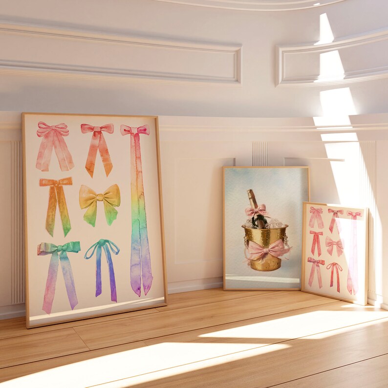 Cute Coquette Room Decor, Rainbow Watercolor Bow Art Print, Pretty ...