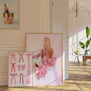 Coquette Room Decor Print, Pink Bow Shoes Watercolor, Balletcore ...