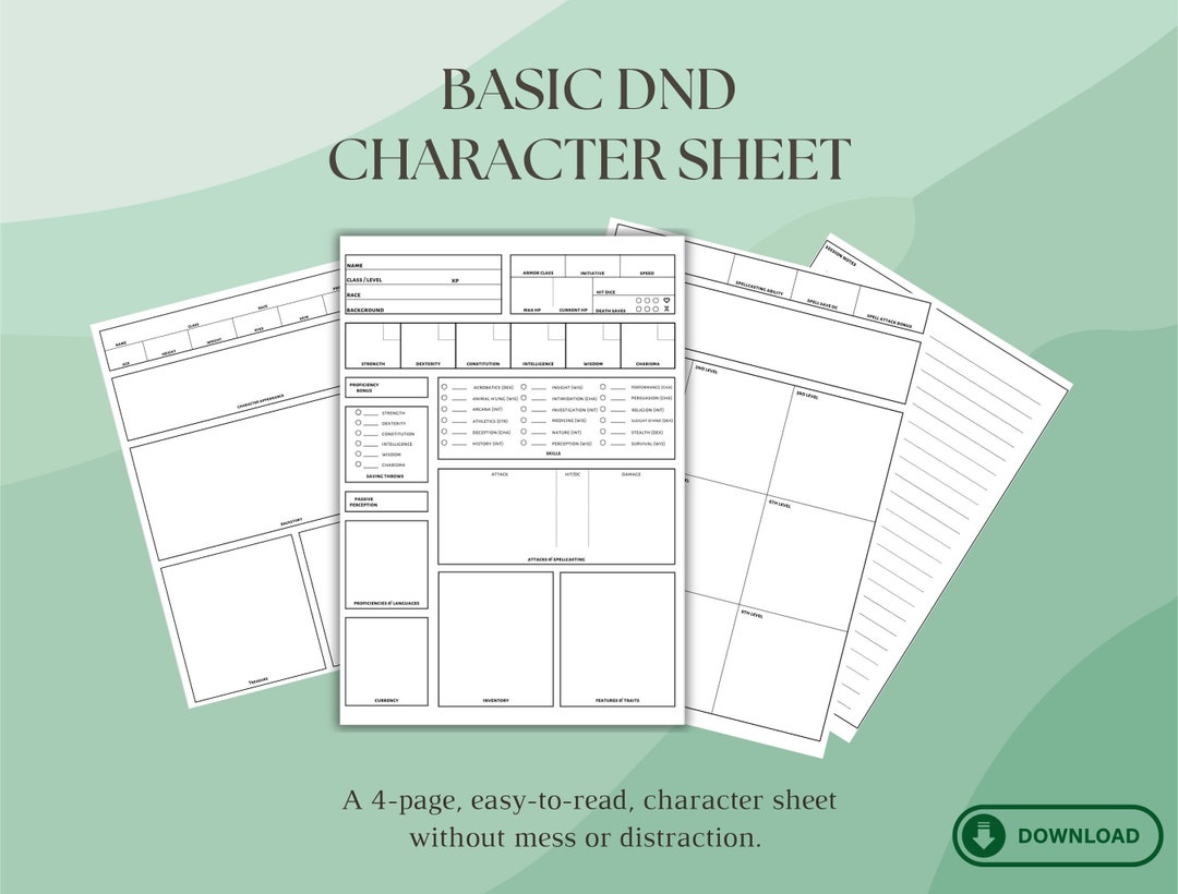 Basic Dungeons and Dragons Character Sheet Basic Character - Etsy Australia