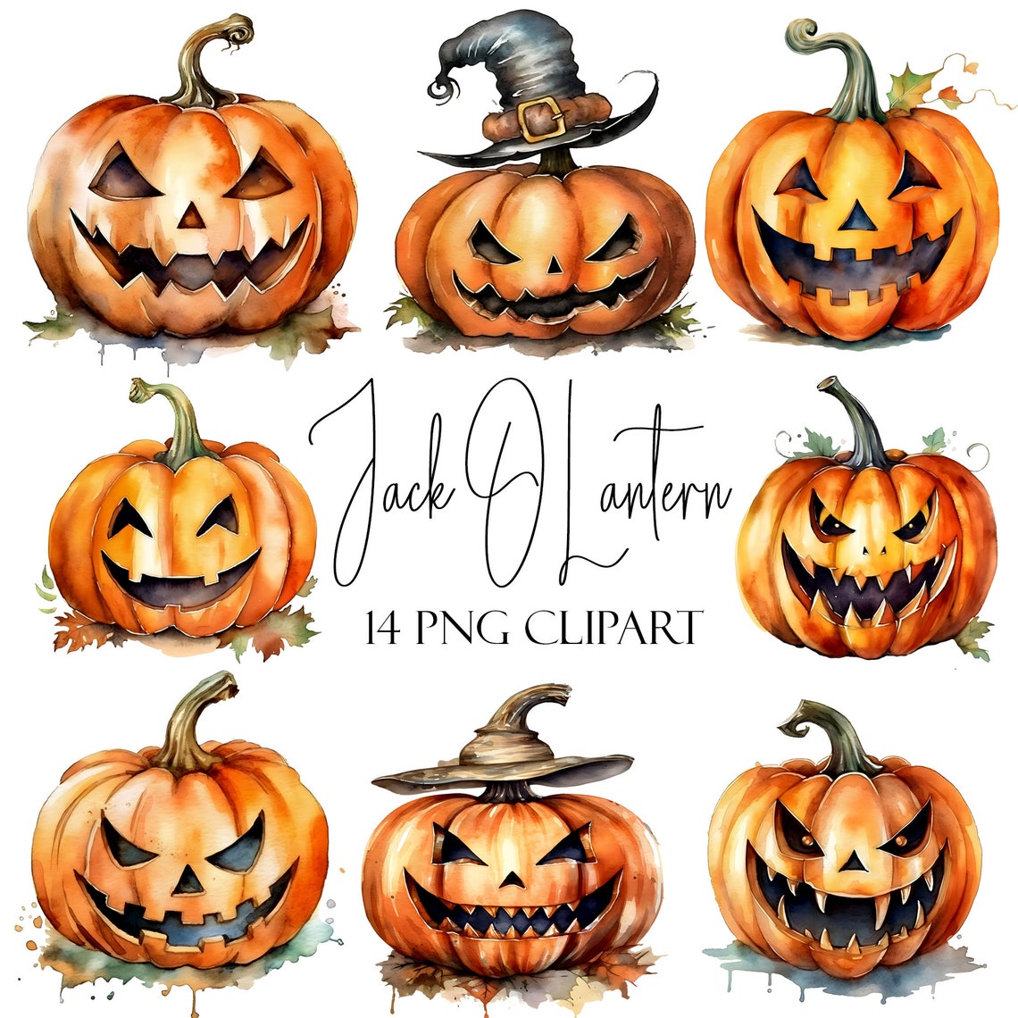 Watercolor Jack O Lantern Clipart: Halloween Pumpkin PNG (instant ...