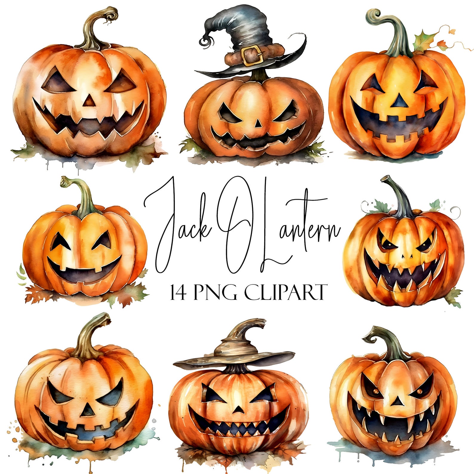 Watercolor Jack O Lantern Clipart: Halloween Pumpkin PNG (instant ...