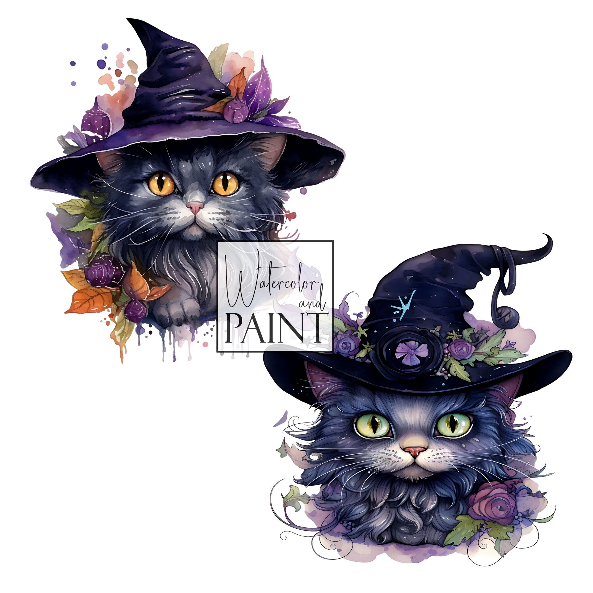 Halloween Cat Clipart, Watercolor Elements, PNG Format, Instant ...
