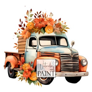 Autumn Vintage Truck Clipart, Fall Watercolor Elements, PNG Format, POD ...