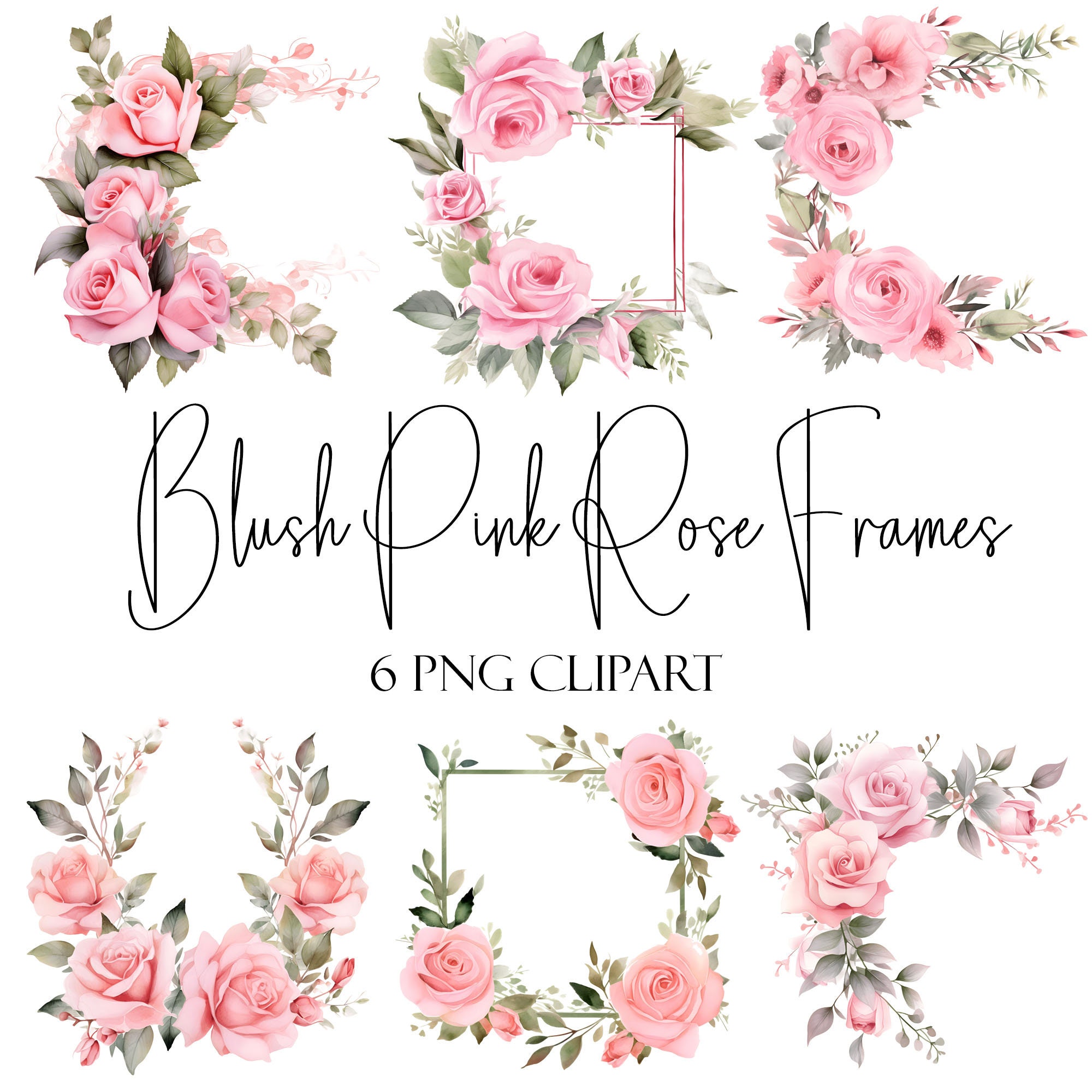 Blush Pink Floral Frame, Watercolor Clipart, PNG Format, Instant ...