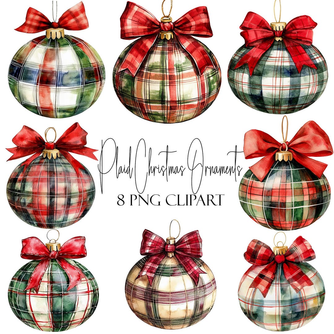 Plaid Christmas Ornaments: Watercolor Clipart, Holiday Pngs (instant ...