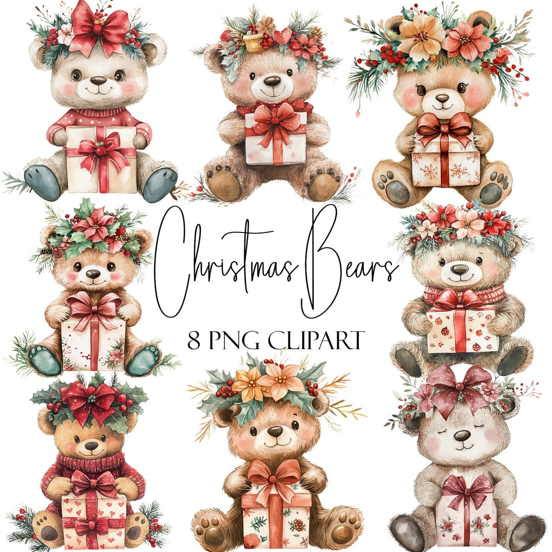 Christmas Bears, Watercolor Clipart, Holiday Elements, 8 Pngs, Instant ...