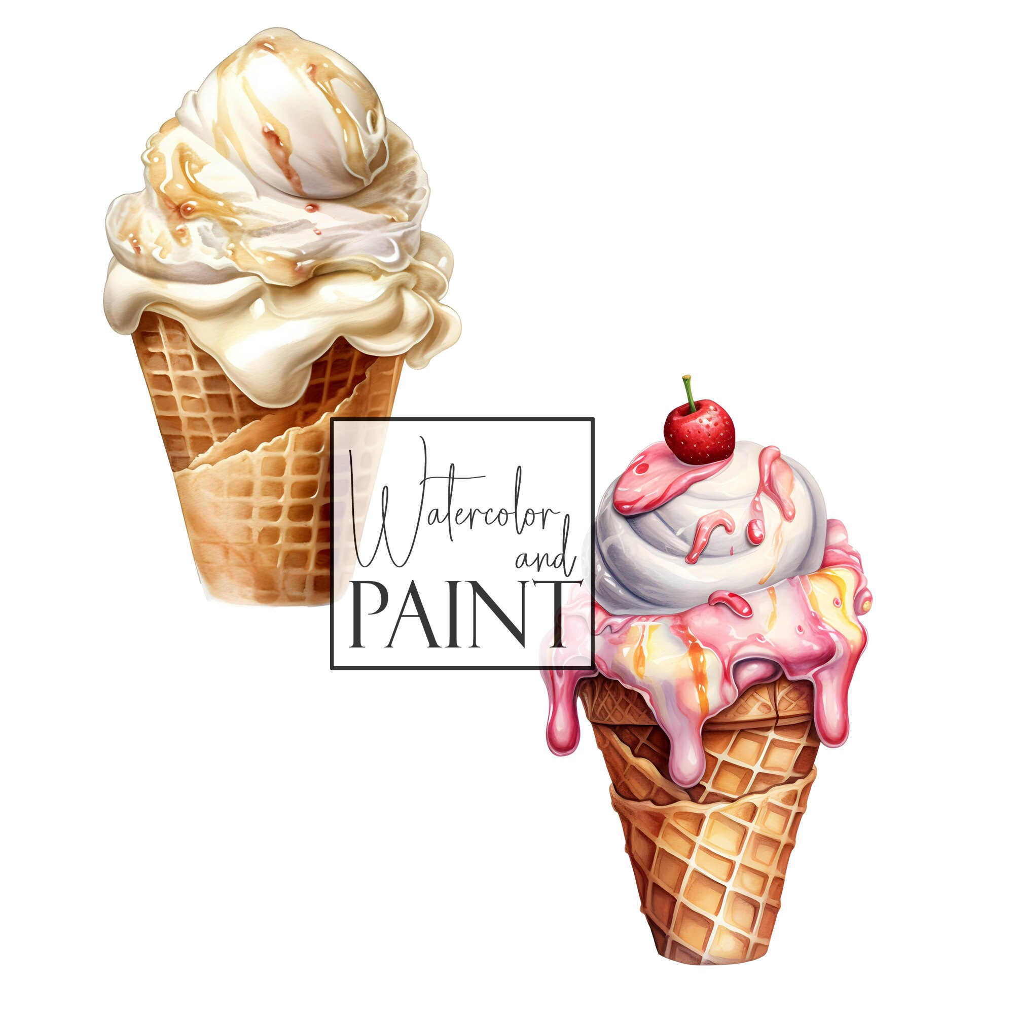 Ice Cream Clipart, Sundae Elements, Watercolor Graphics, PNG Format ...