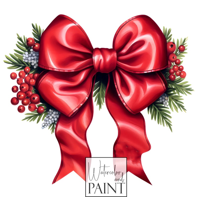Christmas Bow Clipart, Watercolor Elements, PNG Format, Instant ...