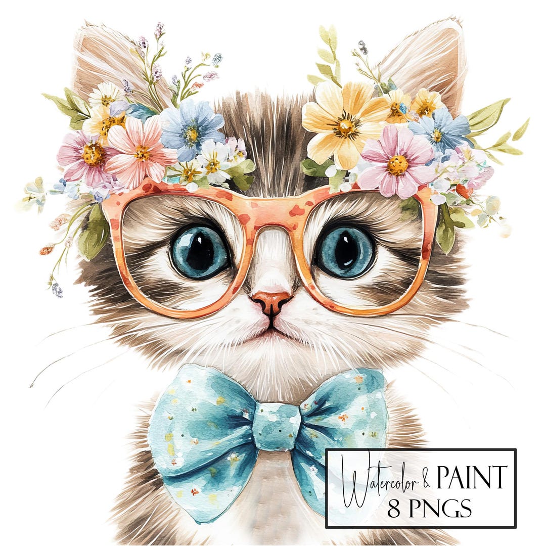 Watercolor Spring Cat Clipart Collection, 8 Transparent Pngs, Instant ...