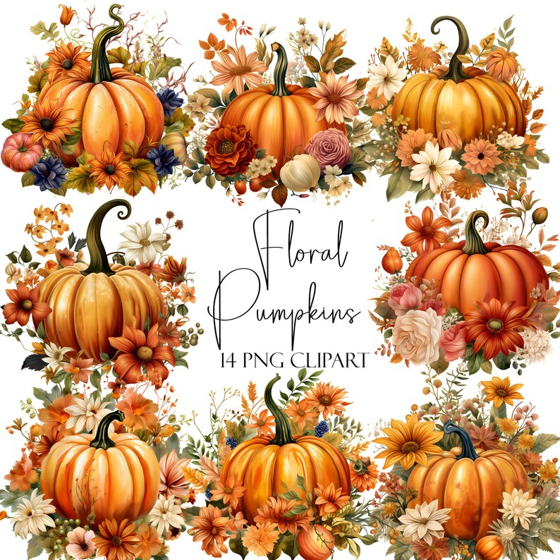 Floral Pumpkin Clipart, Watercolor Fall Elements, PNG Format, Instant ...