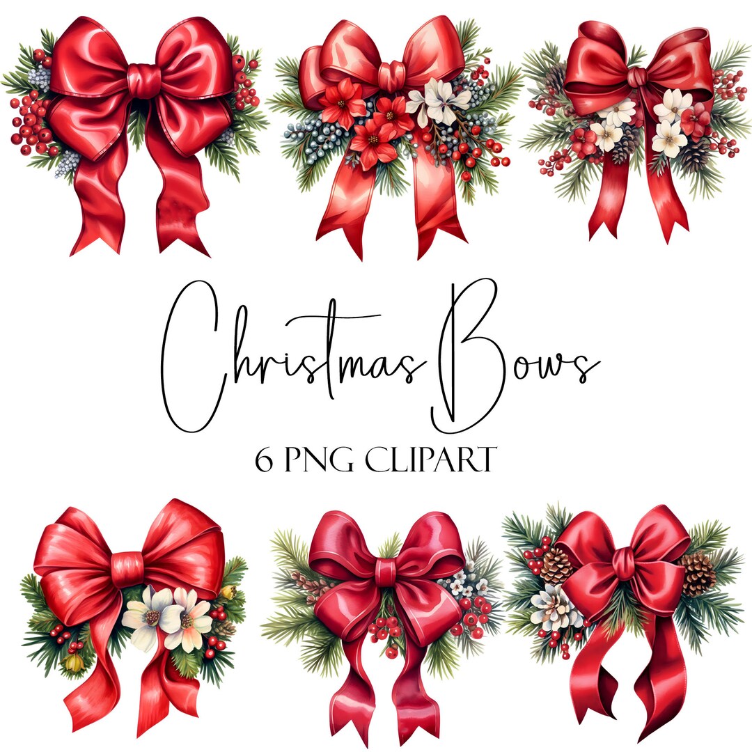 Christmas Bow Clipart, Watercolor Elements, PNG Format, Instant ...