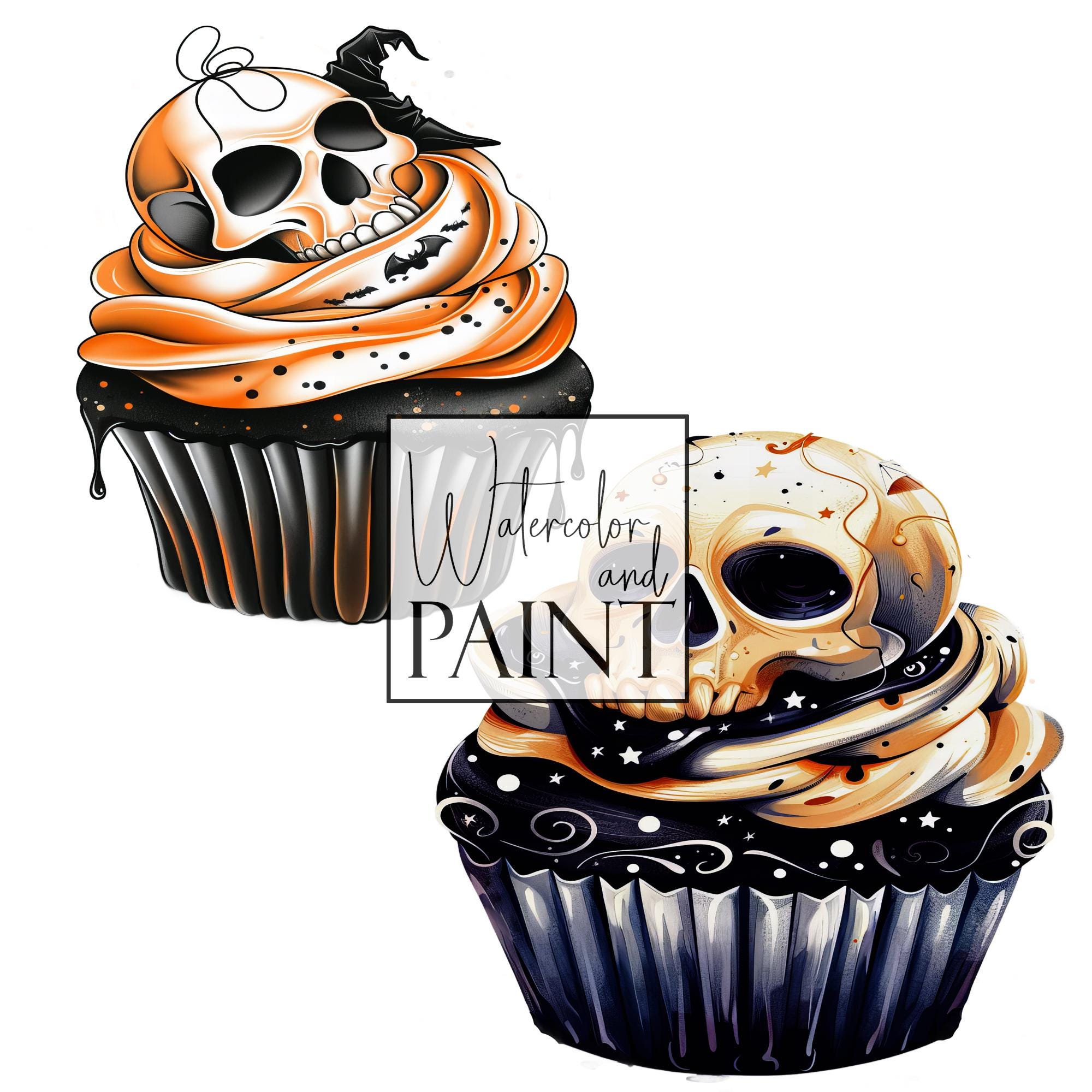 Halloween Clipart: Scary Skeleton Cupcakes, Watercolor Pngs (commercial ...