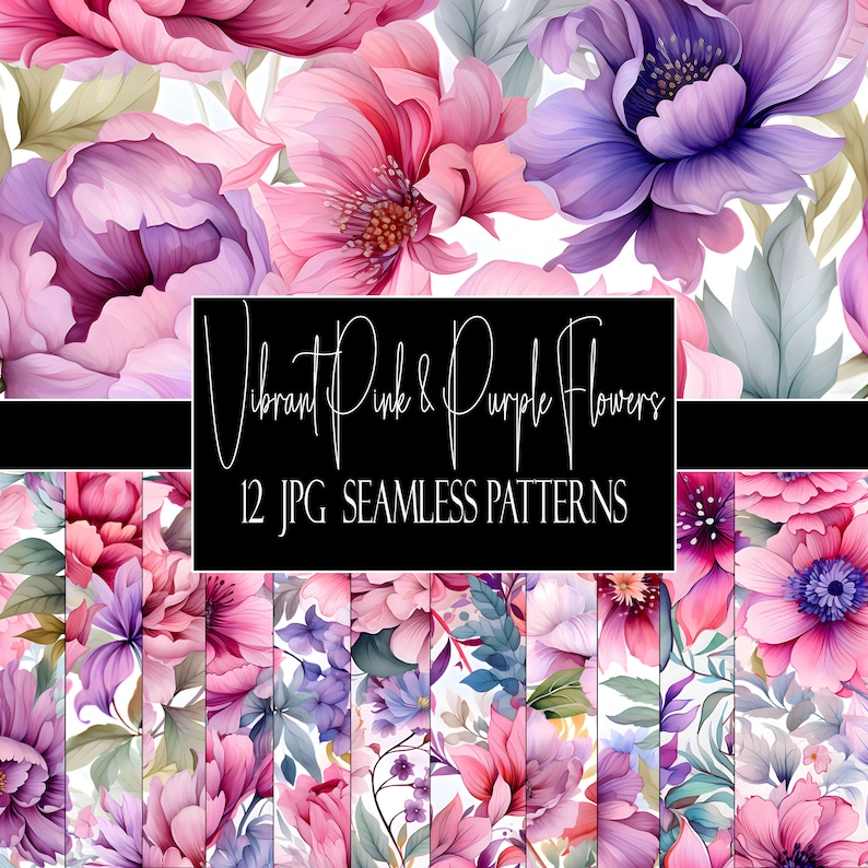 Vibrant Pink and Purple Flowers, Floral Seamless Patterns, 12 Jpgs ...