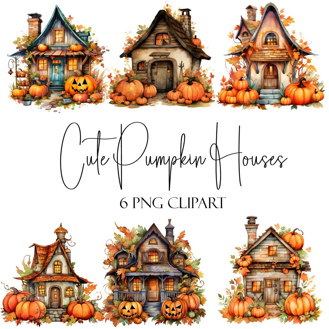 Cute Pumpkin House Clipart, Watercolor Fall Elements, PNG Format, POD ...