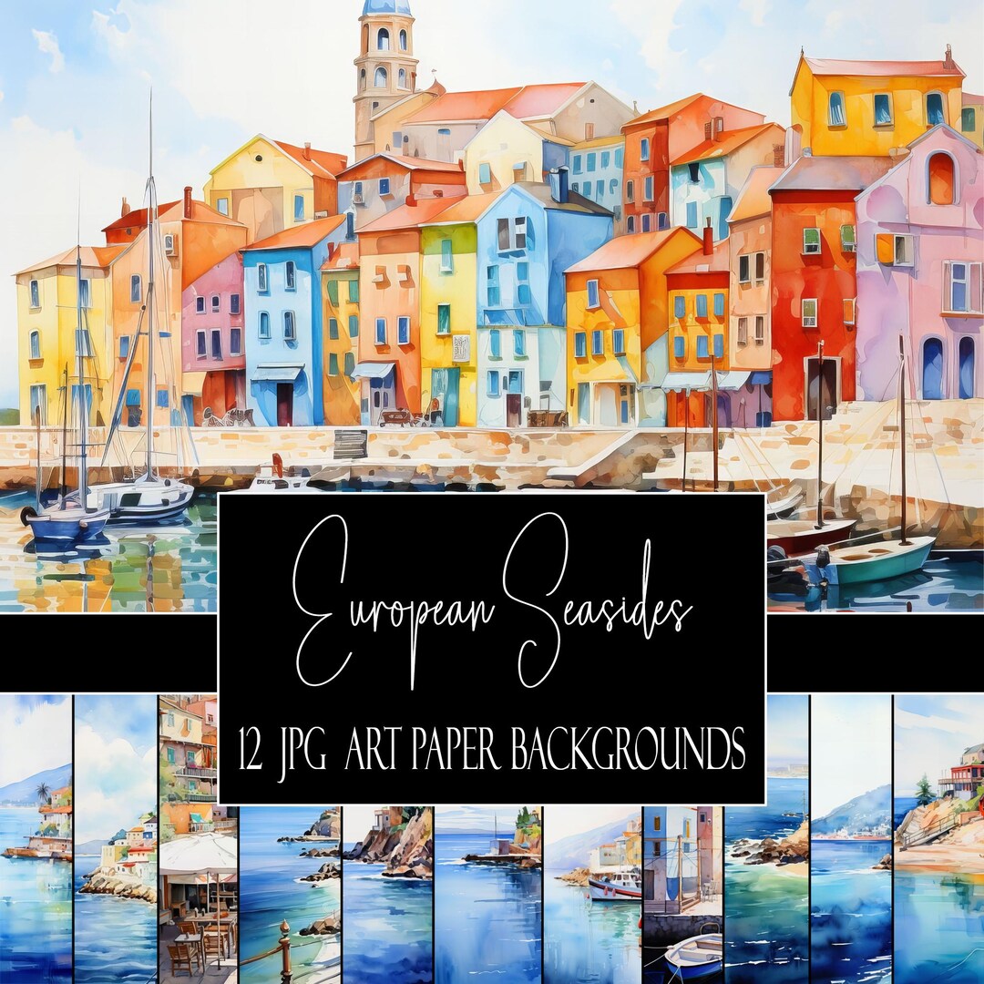 Watercolor Seaside Paper Backgrounds: European Coastal Art, Commercial ...