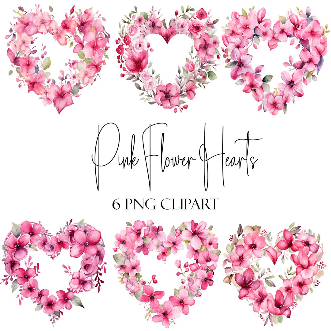 Pink Flower Hearts, Watercolor Clipart, PNG Format, Instant Download ...