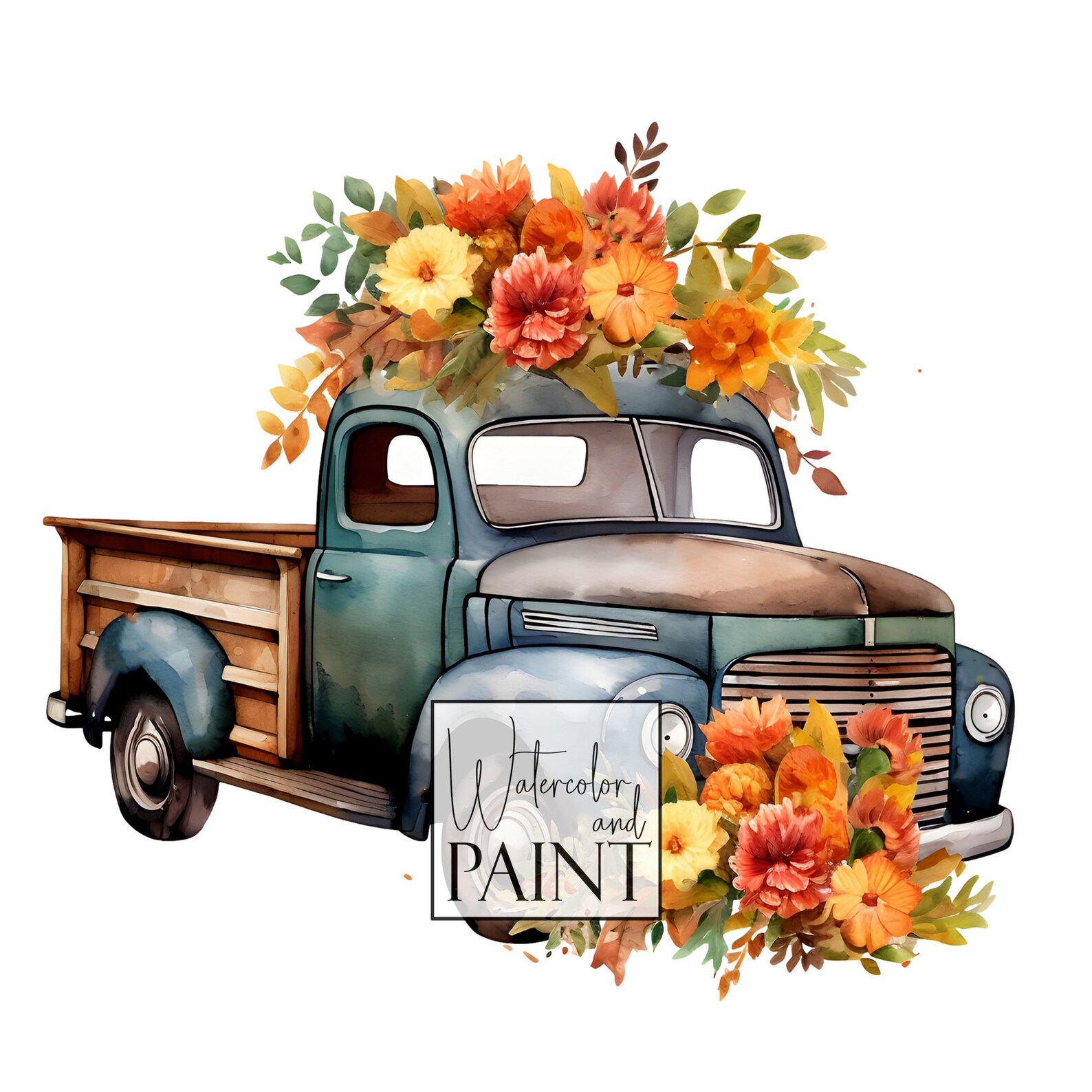 Autumn Vintage Truck Clipart, Fall Watercolor Elements, PNG Format, POD ...