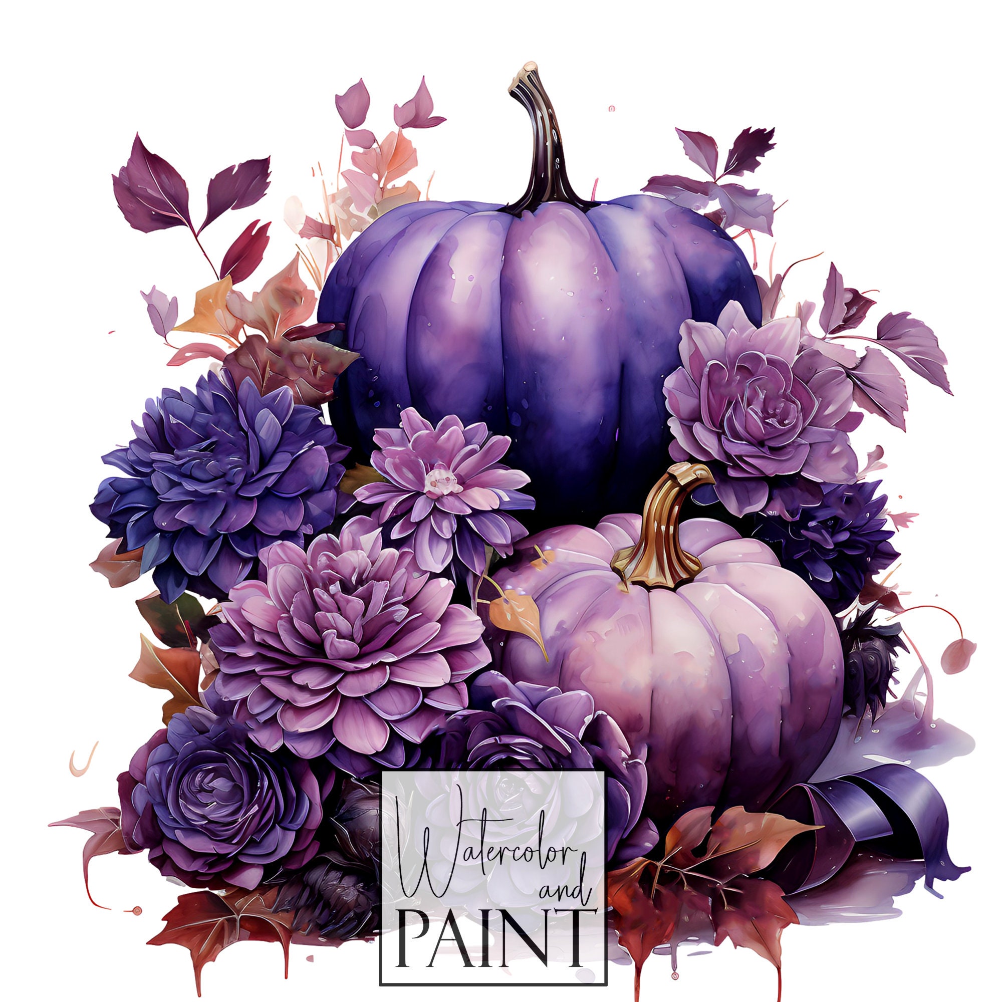 Purple Pumpkins Fall Clipart Watercolor Elements Instant - Etsy