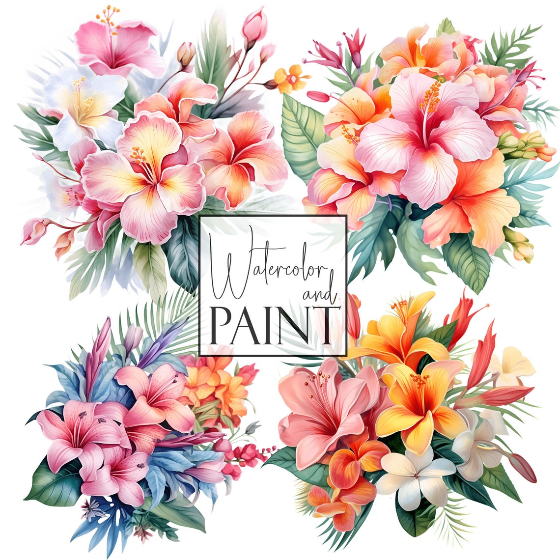 Tropical Flowers, Watercolor Clipart, 22 PNGS, Instant Download ...