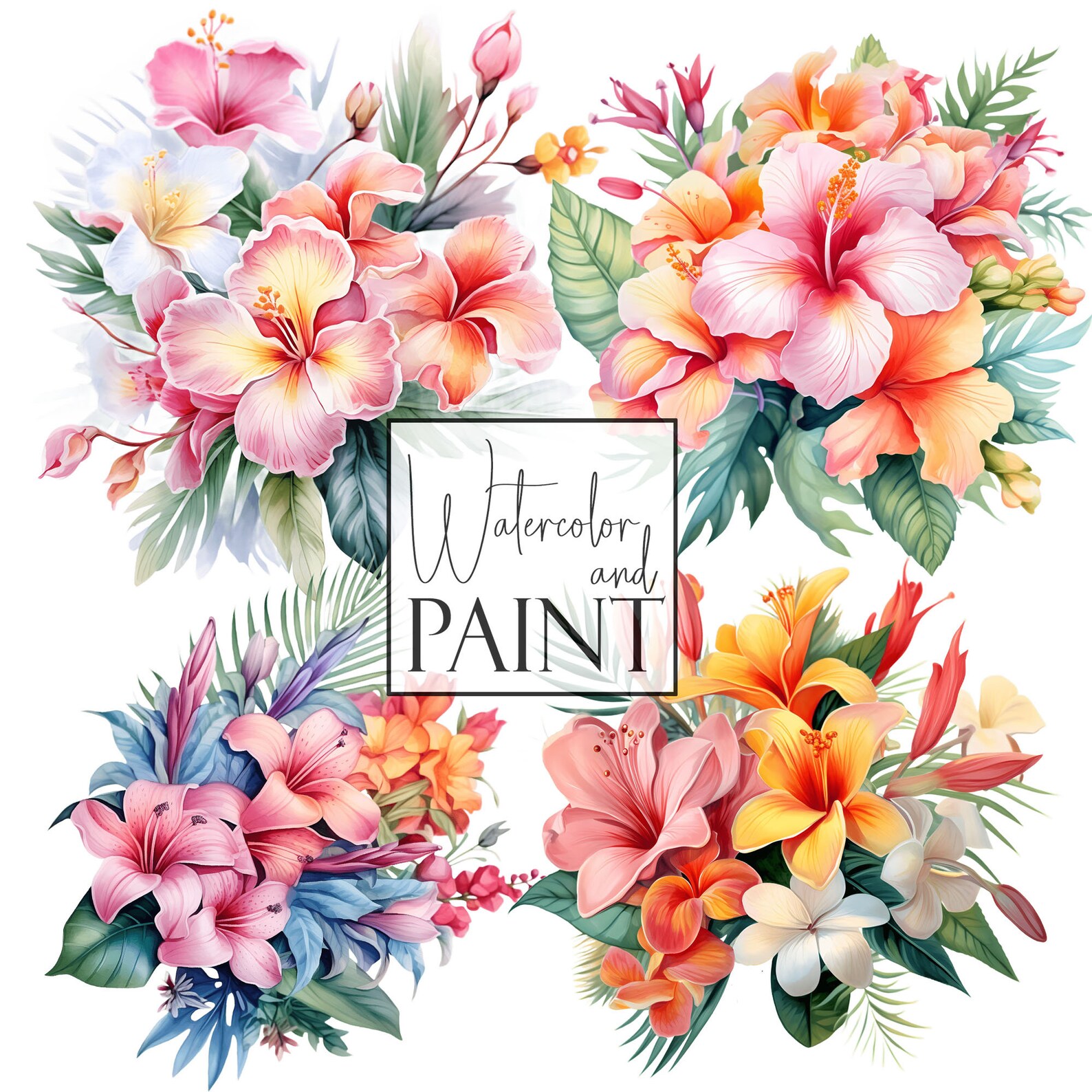 Tropical Flowers, Watercolor Clipart, 22 PNGS, Instant Download ...