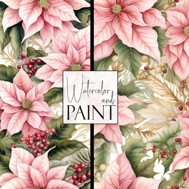 Pink Poinsettia, Seamless Patterns, Christmas Papers, 12 Jpgs, Instant ...