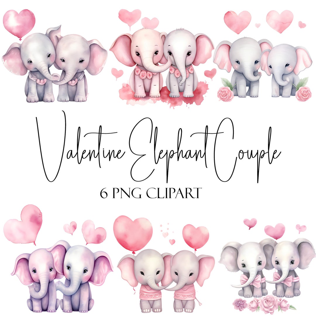 Valentine Elephant Couples, Watercolor Clipart, PNG Format, Instant ...