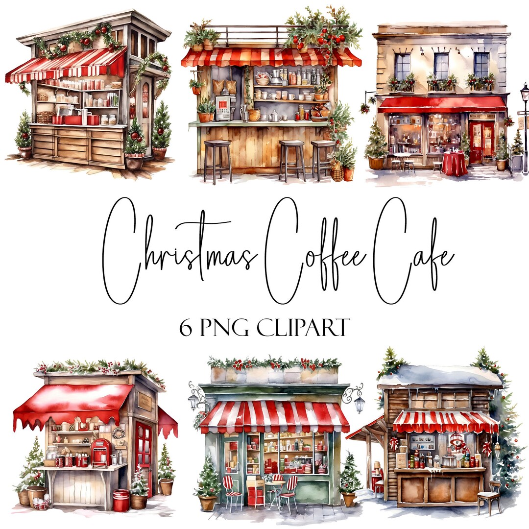 Christmas Coffee Cafes, Watercolor Elements, PNG Format, Instant ...
