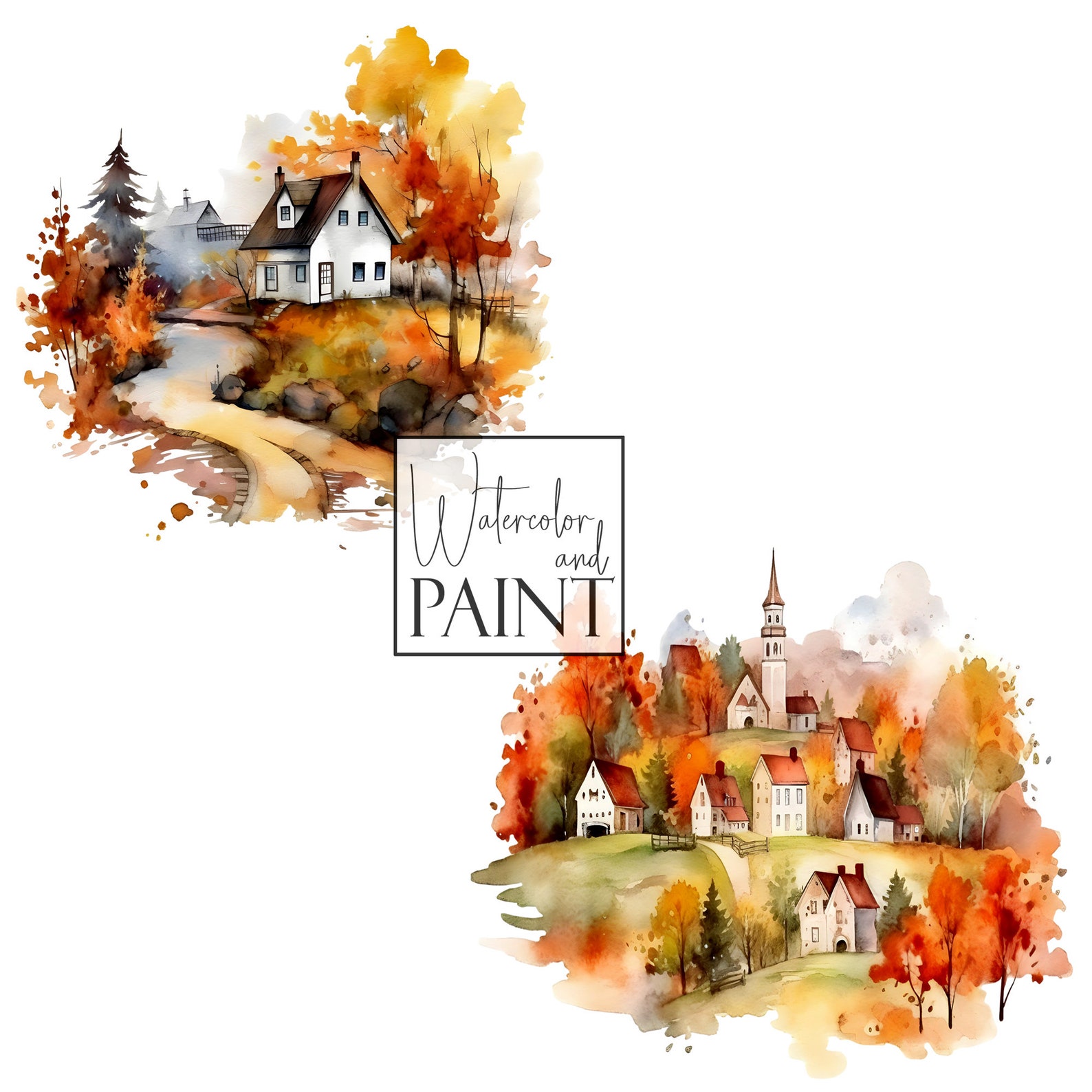 Fall Village Clipart, Watercolor Autumn Elements, PNG Format, Instant ...