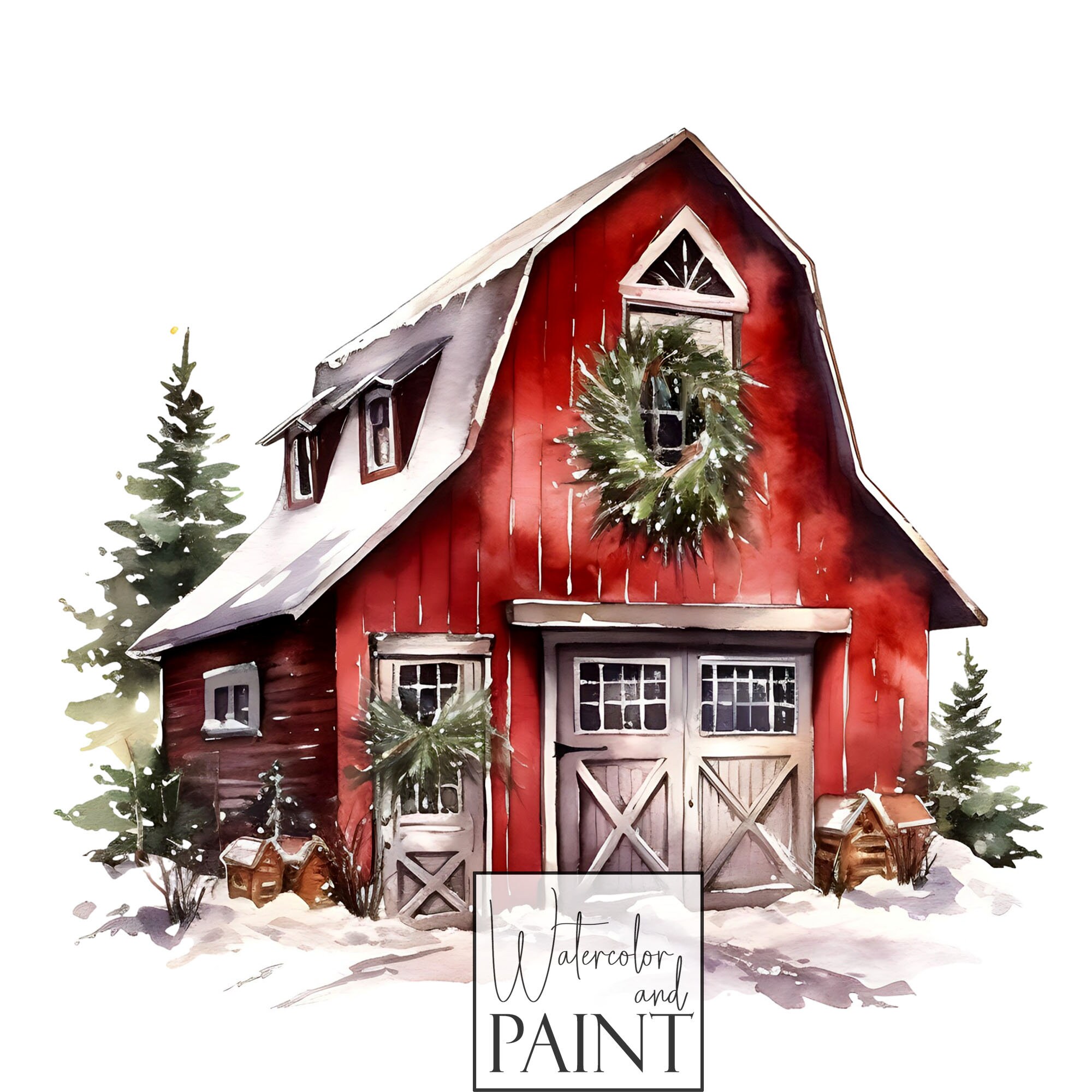 Christmas Barn Clipart, Watercolor Elements, PNG Format, Instant ...