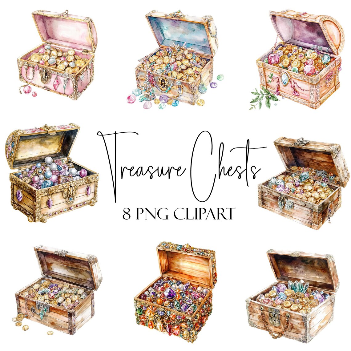 Watercolor Treasure Chest Clipart: 8 Pngs, Commercial Use (digital ...