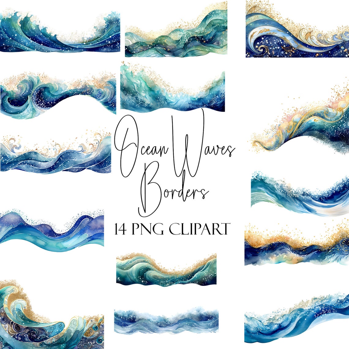 Ocean Wave Borders, Watercolor Clipart, 14 Pngs, Instant Download ...