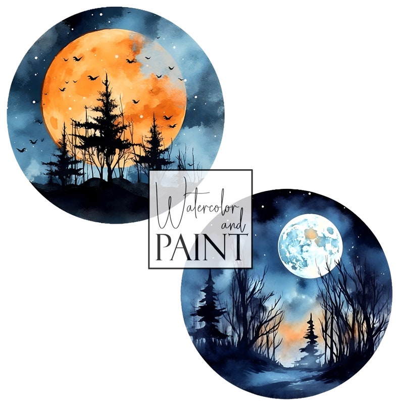 Halloween Full Moon Clipart, Watercolor Elements, PNG Format, Instant Download, POD Use ...
