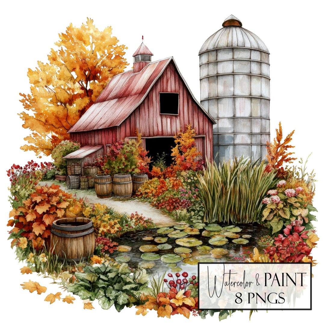 Fall Barn Scene Clipart, 8 Transparent Pngs, Autumn Farm Illustrations ...