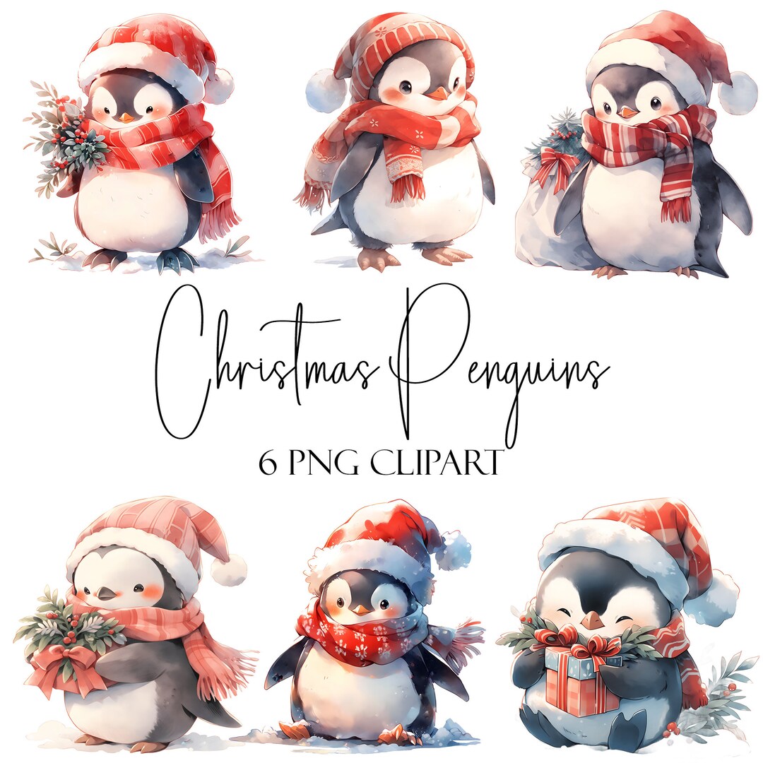 Christmas Penguin, Watercolor Clipart, PNG Format, Instant Download ...