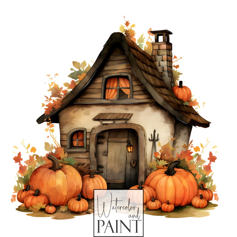 Cute Pumpkin House Clipart, Watercolor Fall Elements, PNG Format, POD ...