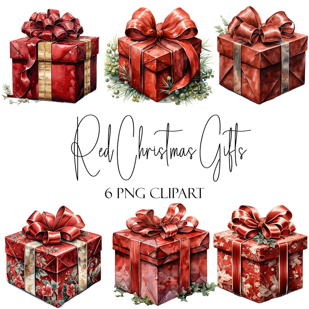 Red Christmas Gifts, Watercolor Clipart, PNG Format, Instant Download ...
