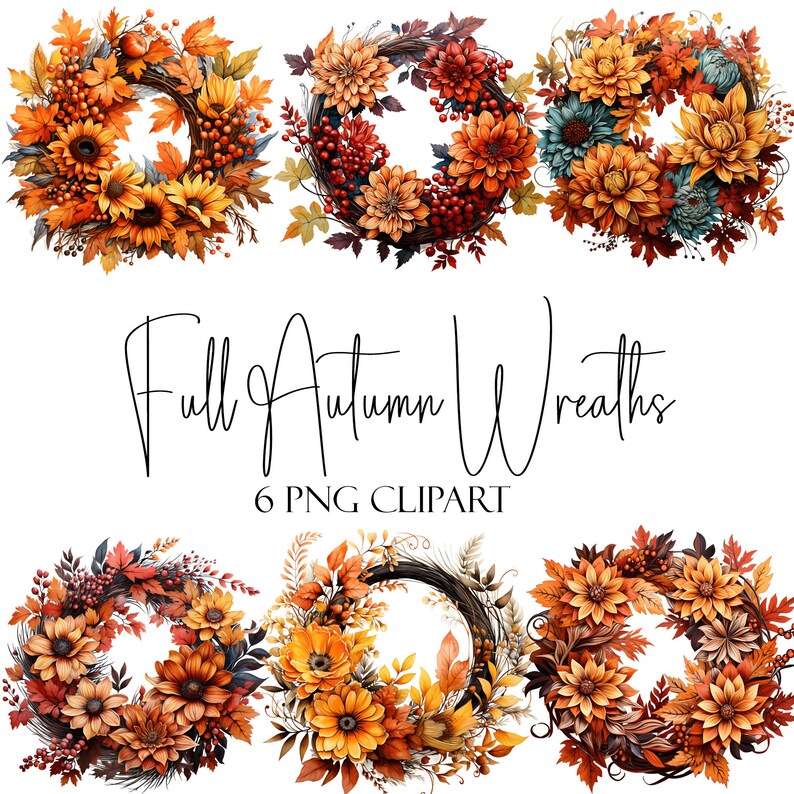 Autumn Wreath PNGS, Fall Elements, Watercolor Clipart, Instant Download ...