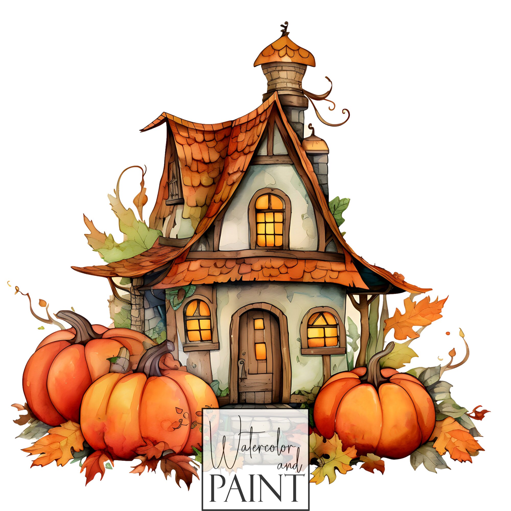 Cute Pumpkin House Clipart, Watercolor Fall Elements, PNG Format, POD ...