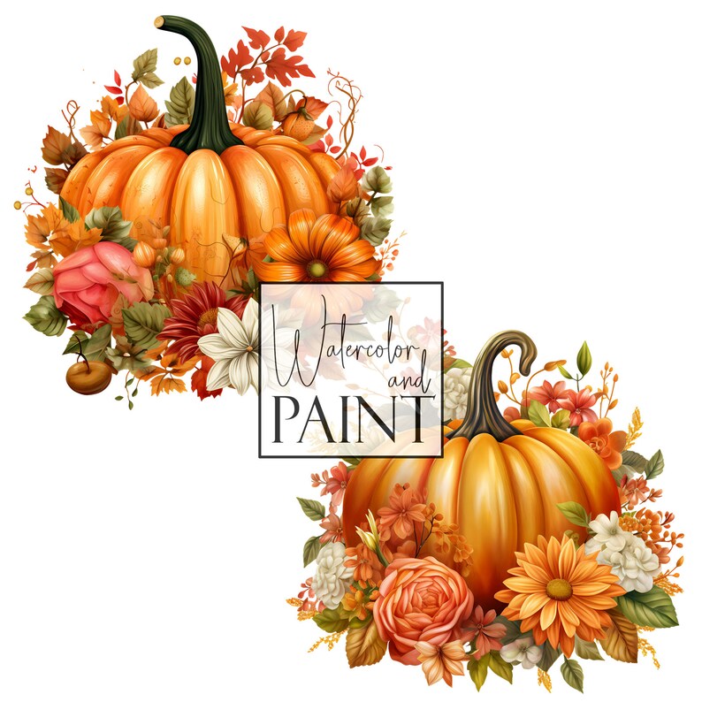 Floral Pumpkin Clipart, Watercolor Fall Elements, PNG Format, Instant ...