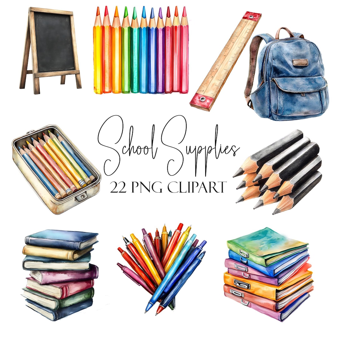 School Supply Clipart, Watercolor Elements, Back to School Graphics, 22 ...