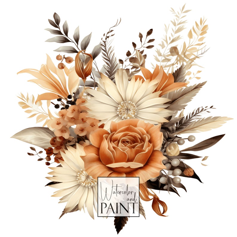 Boho Neutral Floral Clipart, Watercolor Elements, PNG Format, Instant ...