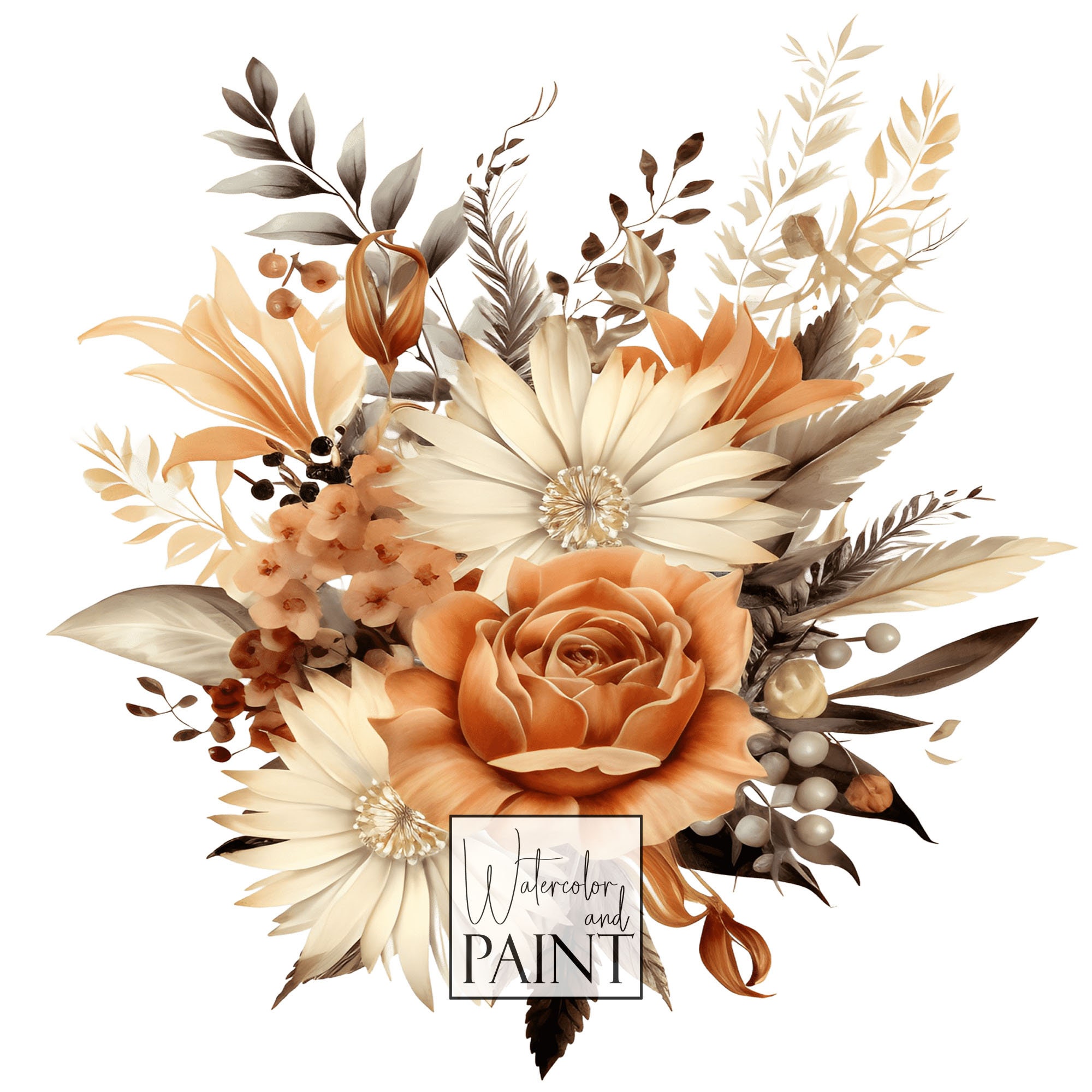 Boho Neutral Floral Clipart, Watercolor Elements, PNG Format, Instant ...